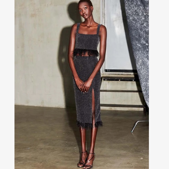 SAYLOR | Skirts | Saylor Midi Skirt And Crop Top Set With Black Feather ...